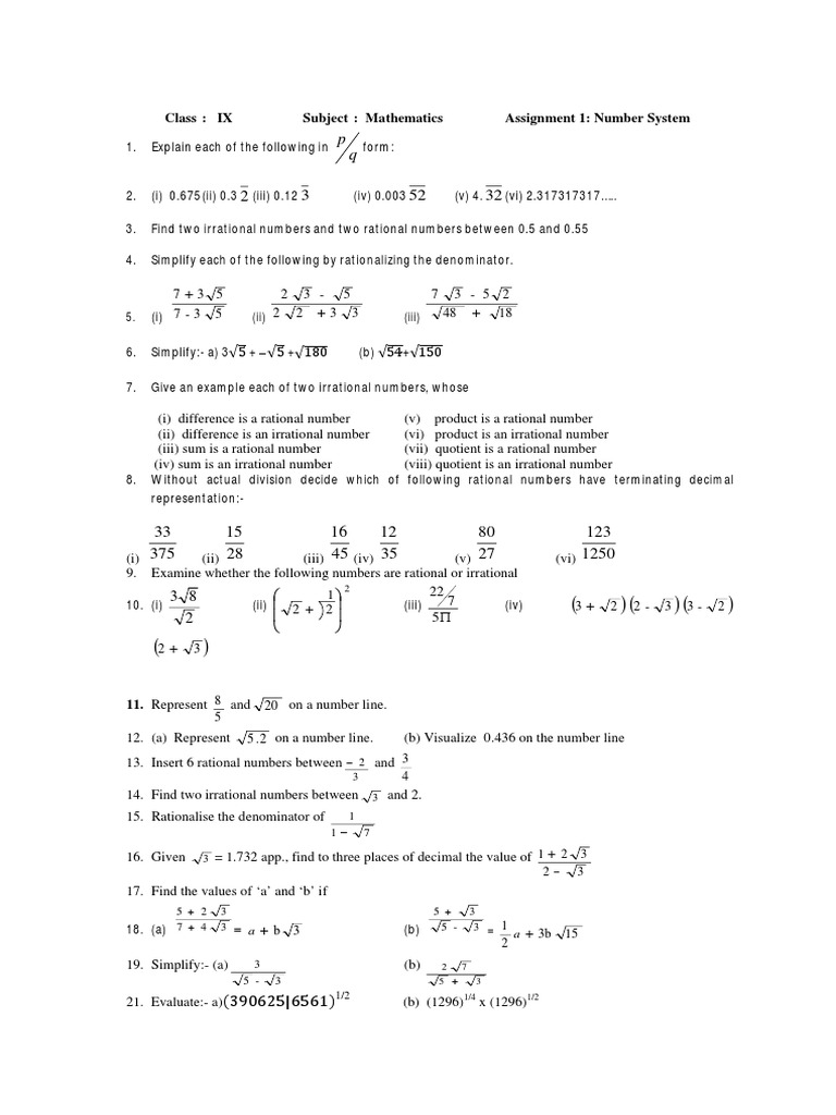 Revision Worksheet Class 9 Math | PDF | Numbers | Rational Number