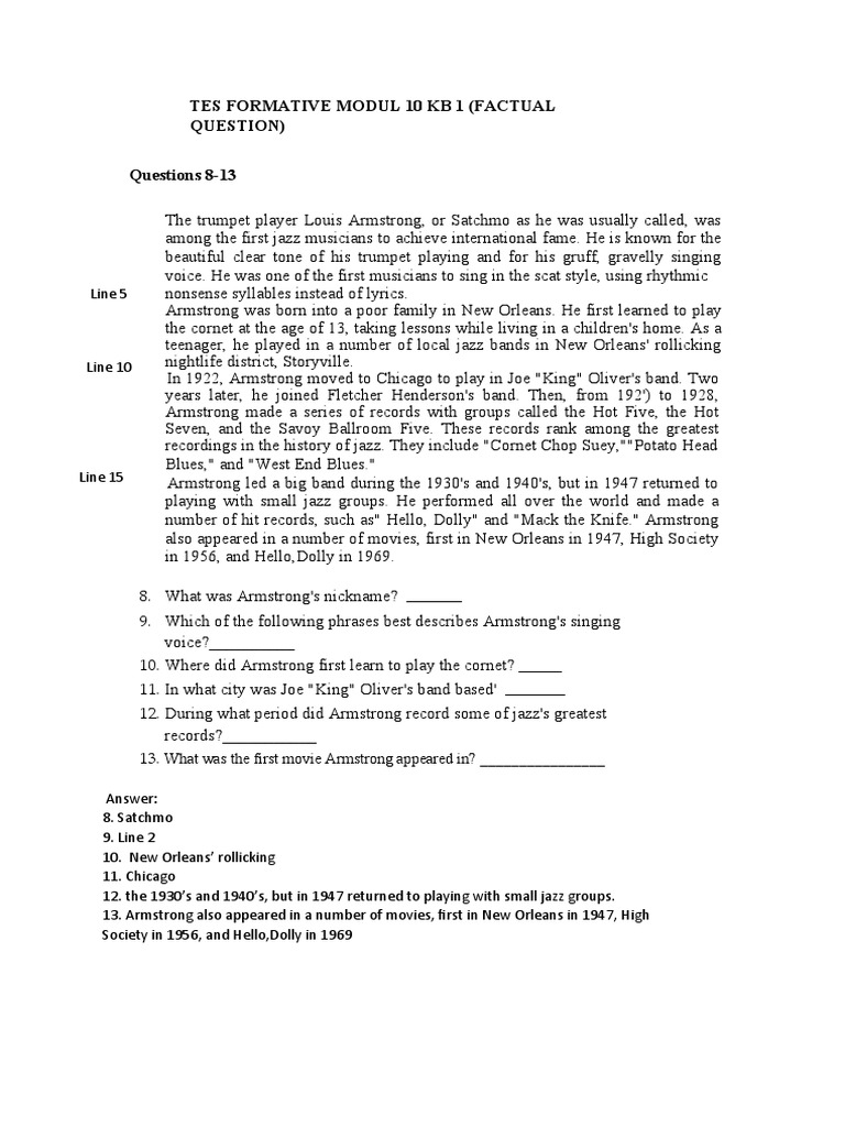 Jazz Legend Louis Armstrong Quiz | PDF | American Styles Of Music | Jazz