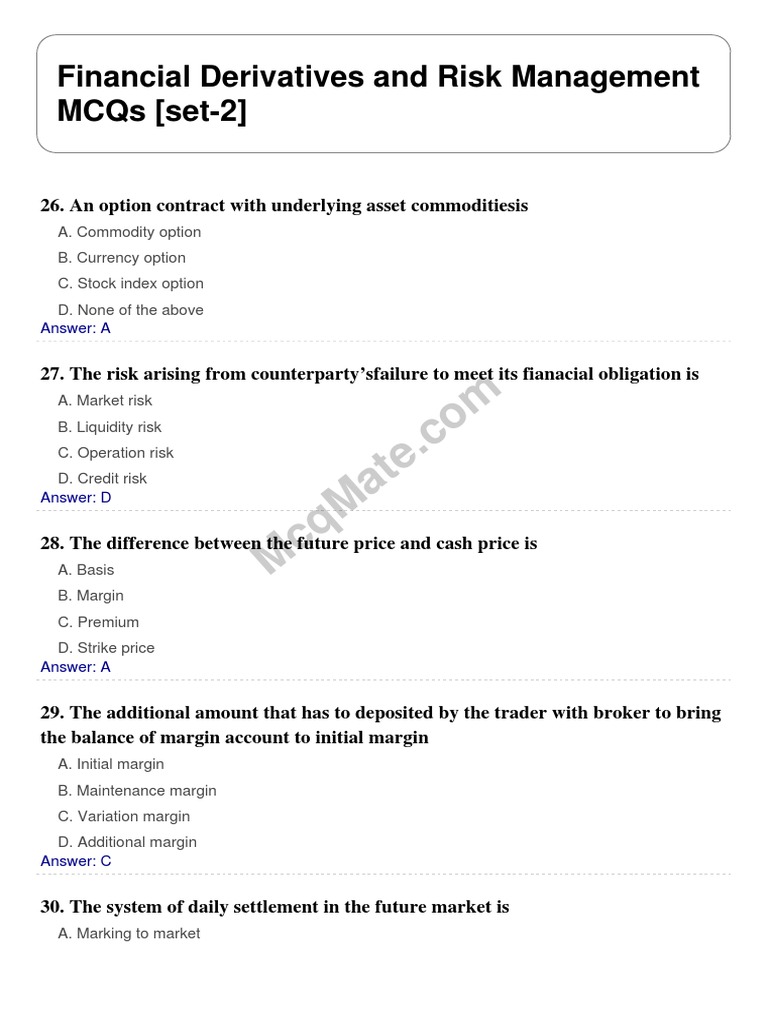 Financial Derivatives and Risk Management Solved MCQs (Set-2) | PDF | Option (Finance) | Margin ...
