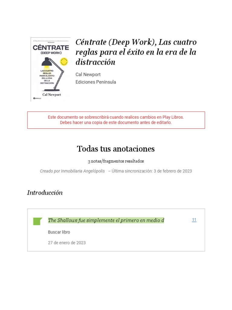Notas de - Céntrate (Deep Work), Las Cuatro Reglas para El Éxito en La ...