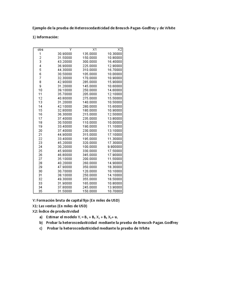 Ejemplo de La Prueba de Heteroscedasticidad de Breusch (18A) | PDF