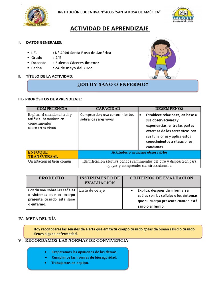 CA Estoy Sano o Enfermo 24may | PDF | Evaluación | Aprendizaje