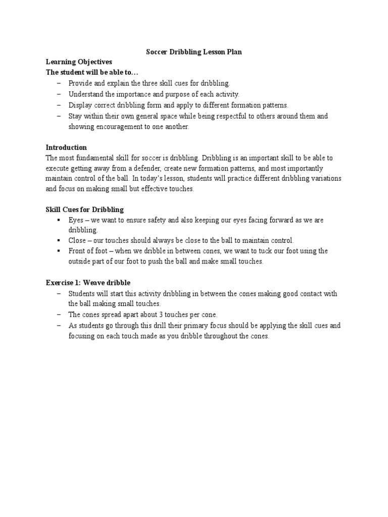 Soccer Dribbling Skills Lesson Plan | PDF | Lesson Plan | Ball Games