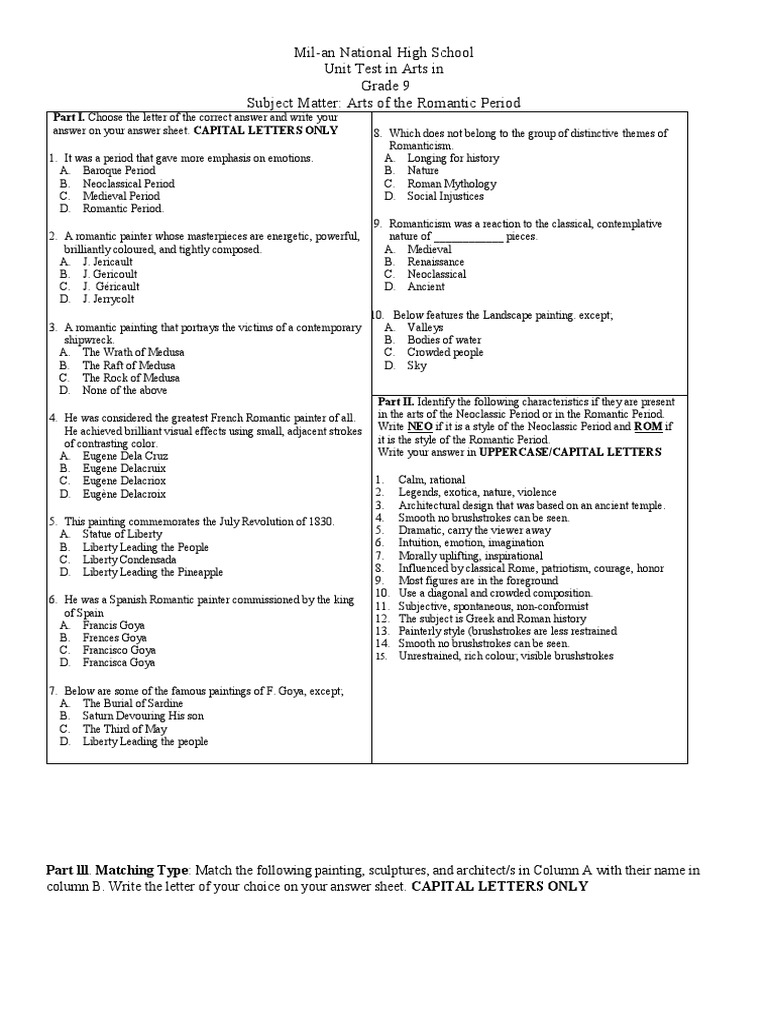 Unit Test For Romantic Period | PDF | Romanticism | Aesthetics