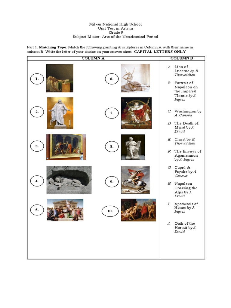 Unit Test For Neoclassic Period | PDF | Sculpture