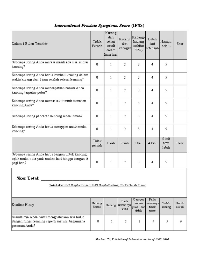 International Prostate Symptoms Score (IPSS) : Skor Total | PDF