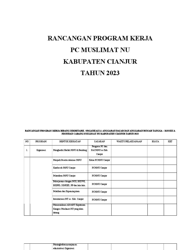 Program Kerja Muslimat NU Cianjur 2023 | PDF