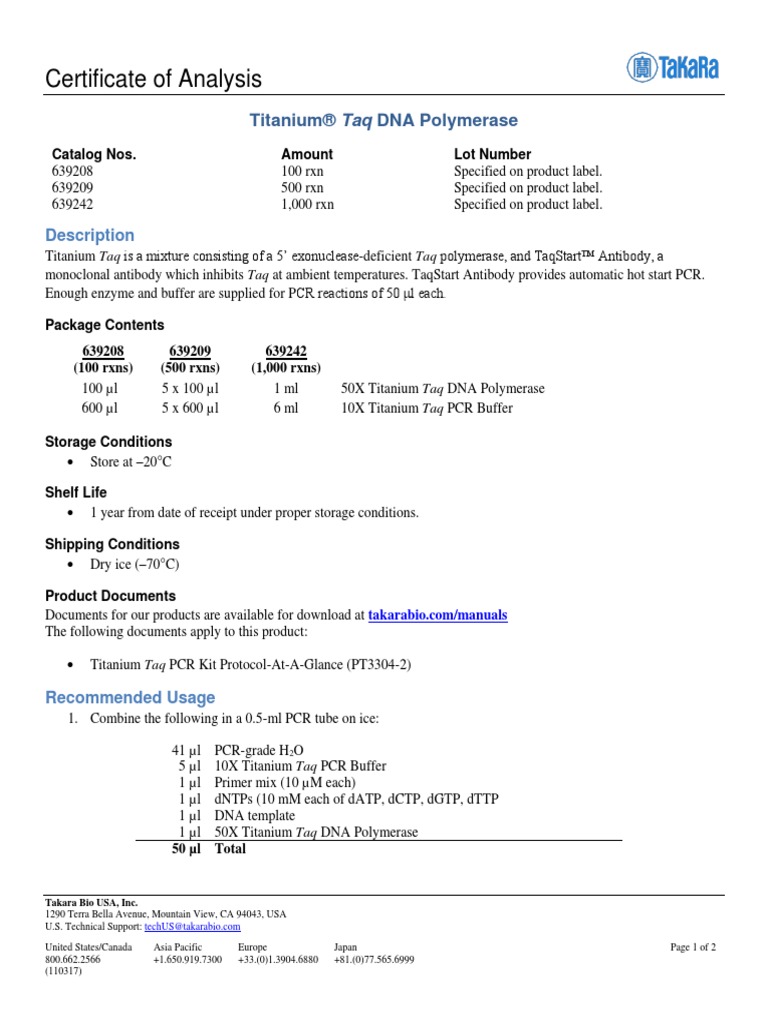 Model CoA For Taq Polymerase | PDF | Polymerase Chain Reaction | Taq ...