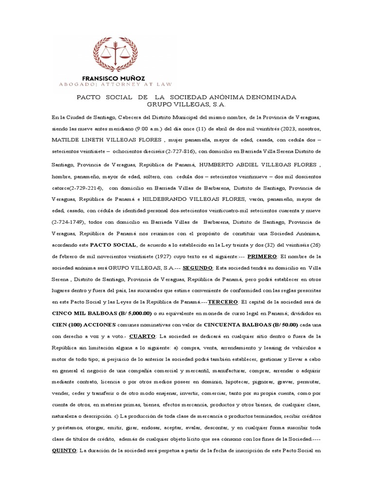 Pacto Social de La Sociedad Anónima Denominada Grupo Villegas, S.A ...