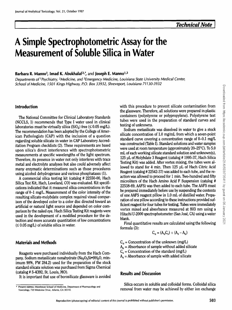 A Simple Spectrophotometric Assay For The Measurement of Soluble Silica ...