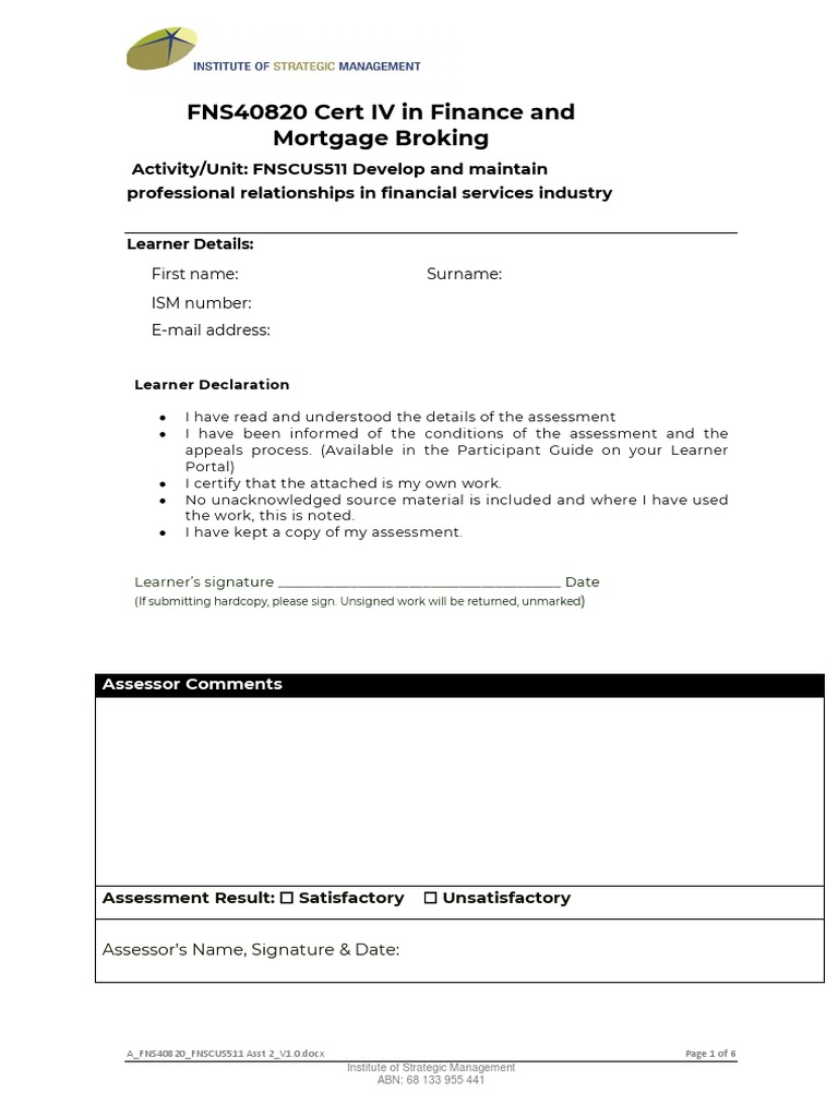 A - FNS40820 - FNSCUS511 Asst 2 - V1.0 | PDF | Learning | Strategic Management