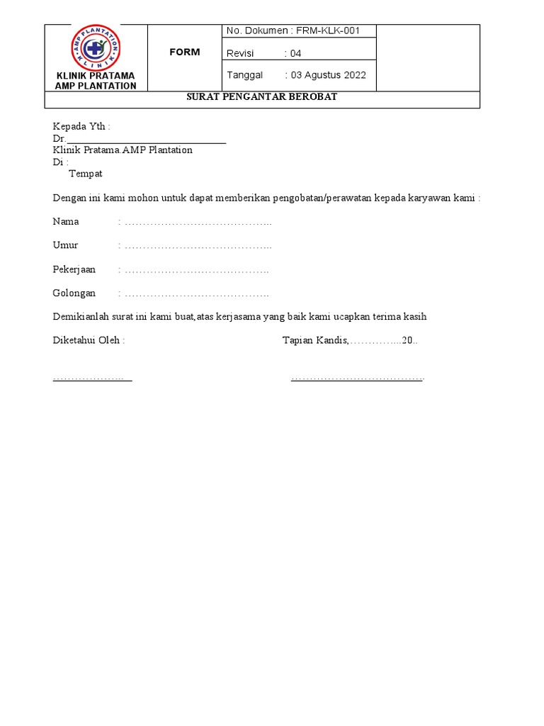 FRM-KLK-001 Surat Pengantar Berobat | PDF