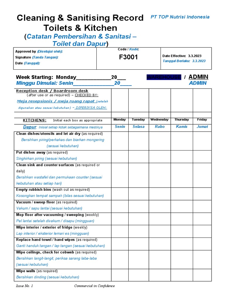 Cleaning and Sanitation Record: Documenting the Weekly Cleaning of ...