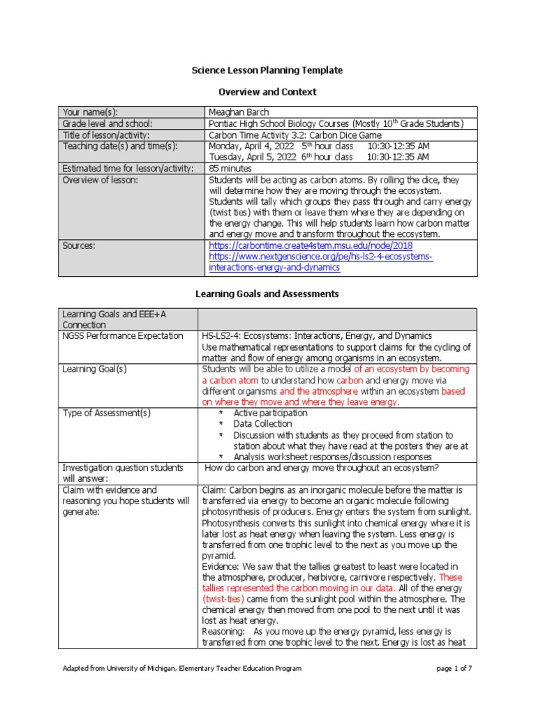 Carbon Dice Game Lesson Plan - Final | PDF | Ecosystem | Food Web