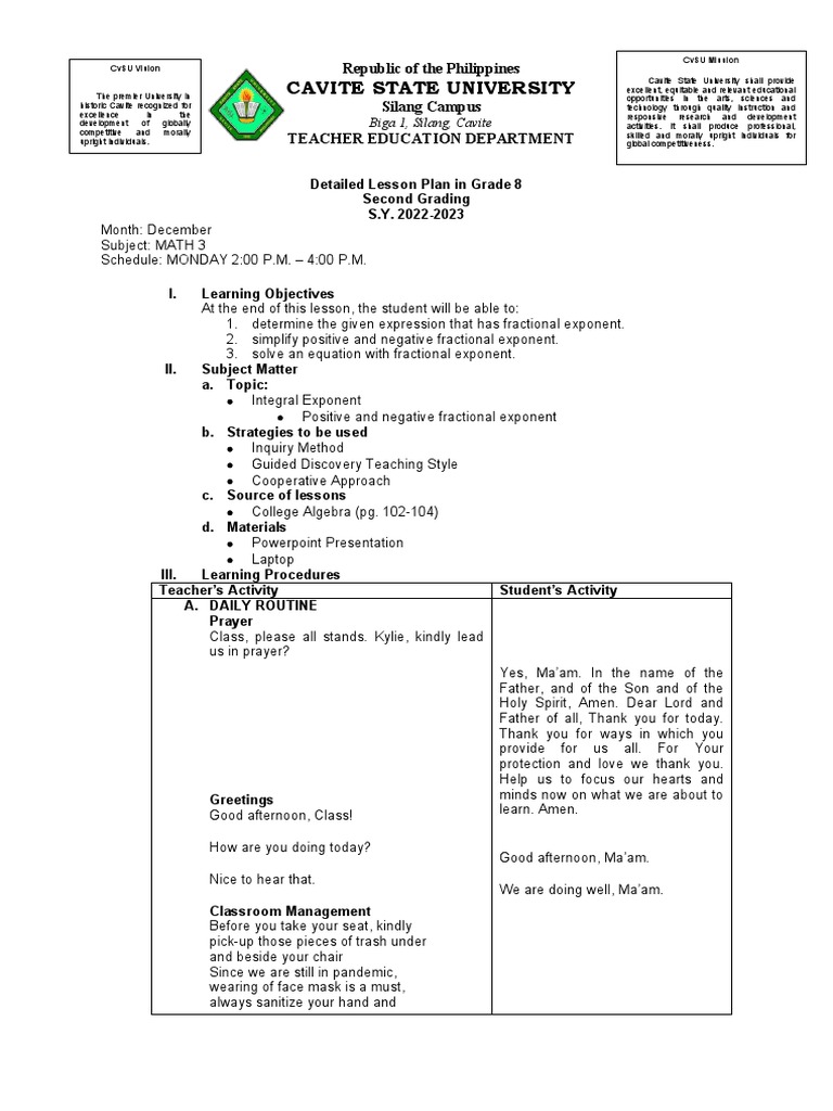 Detailed Lesson Plan in Grade 8 Fractional Exponent | PDF ...