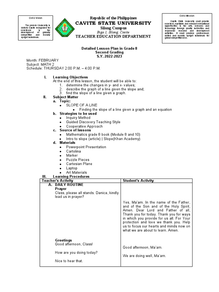Detailed Lesson Plan in Grade 8 (FINAL DEMO) | PDF | Slope