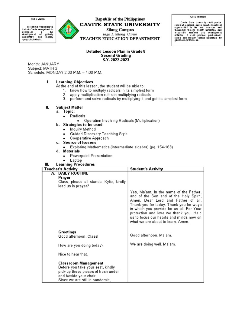 Detailed Lesson Plan in Grade 8 Radicals (Multiplication) | PDF ...