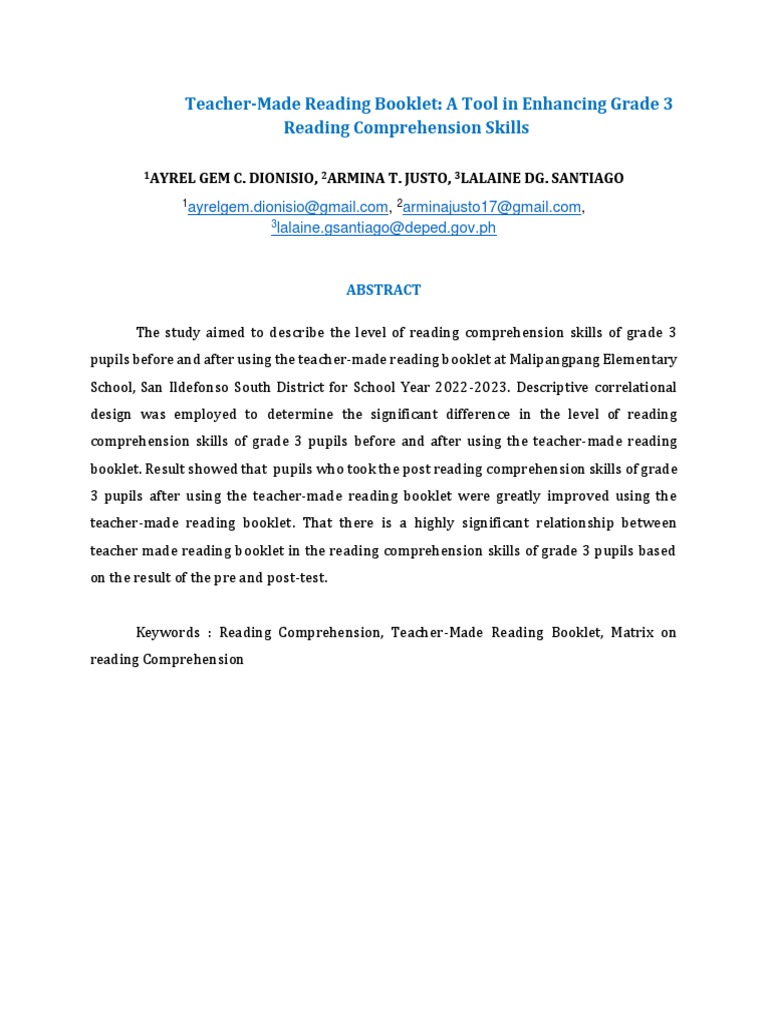 Teacher-Made Reading Booklet: A Tool in Enhancing Grade 3 Reading ...