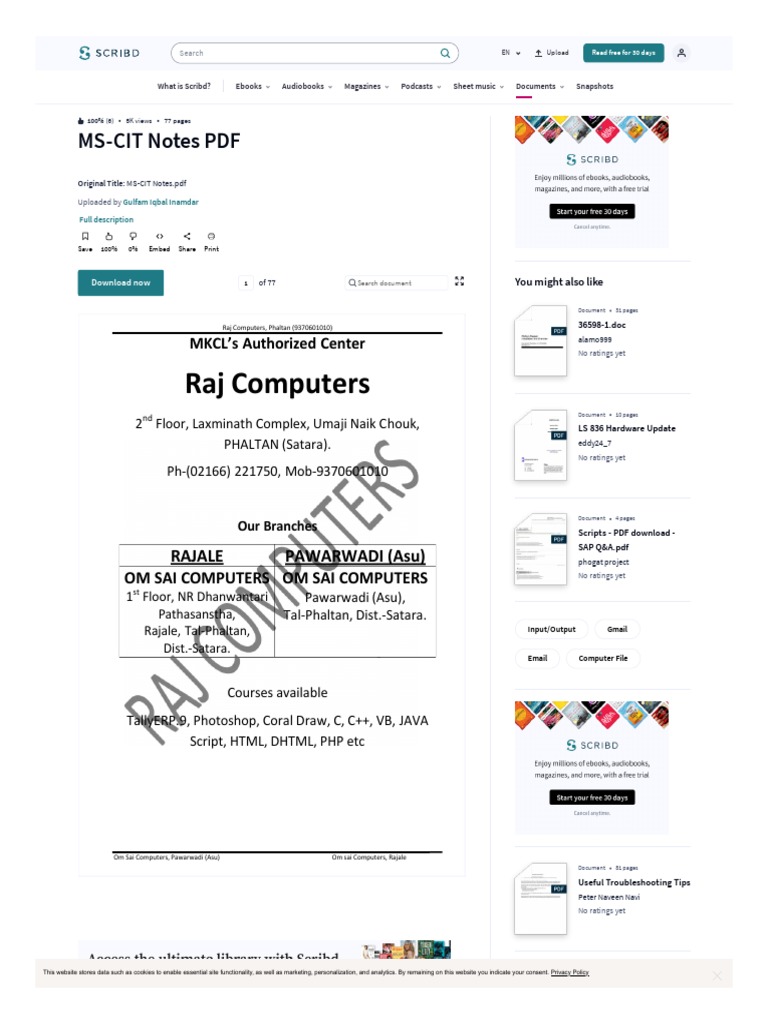 Raj Computers: Ms-Cit Notes PDF | PDF | Scribd | Input/Output