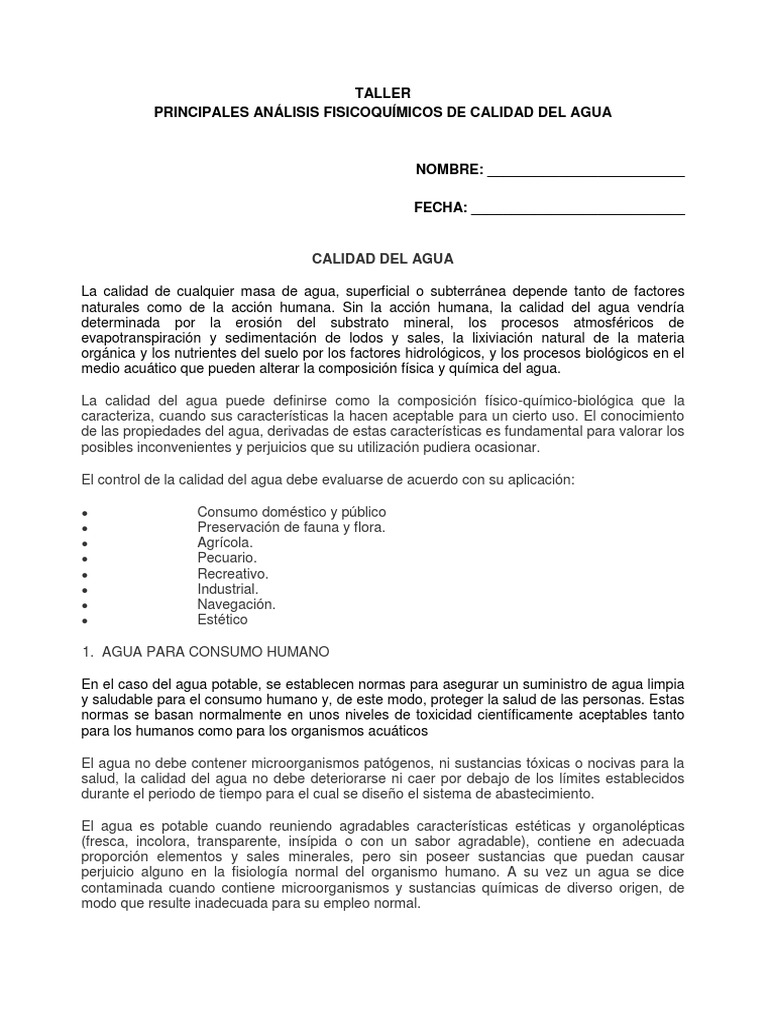 Taller Principales Análisis Fisicoquímicos de Calidad Del Agua | PDF | Agua | Agua potable