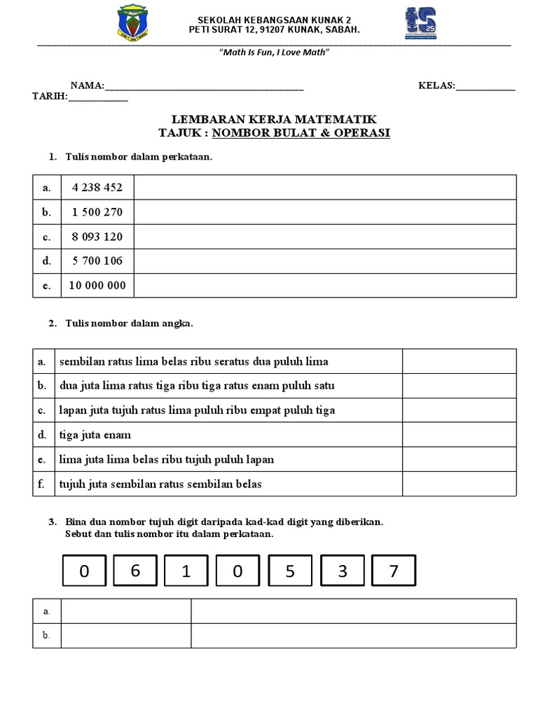 Latihan Nombor Bulat (Tukar Nombor Dalam Perkataan) | PDF