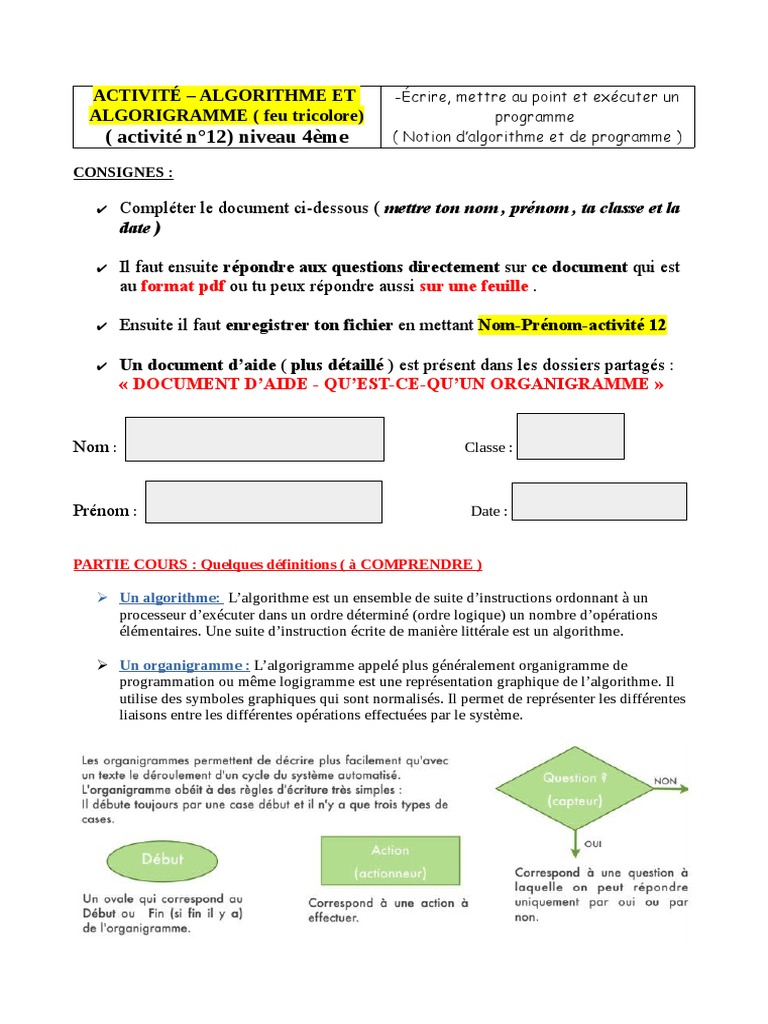 Activite 12 Algorithme Et Algorigramme Feu Tricolore | PDF | Programme informatique | Programmation
