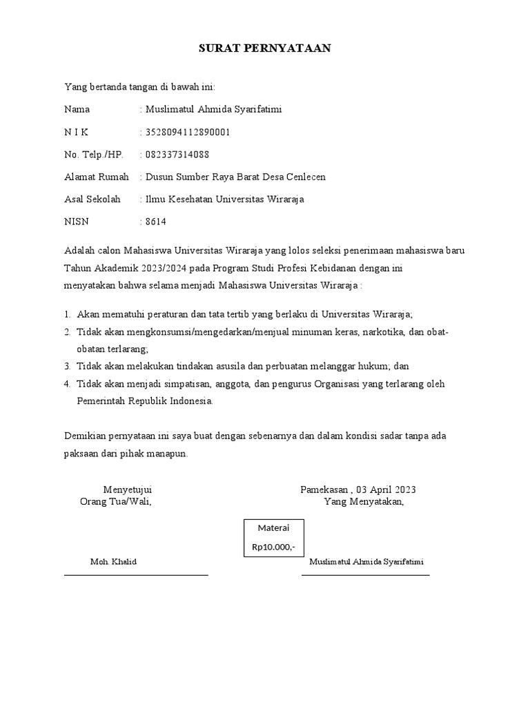 Surat Pernyataan 2023 2024 | PDF