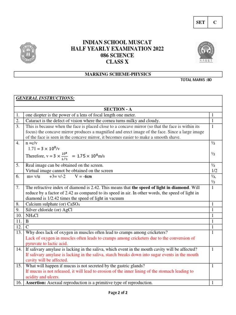 Indian School Muscat Half Yearly Examination 2022 086 Science Class X | Download Free PDF ...