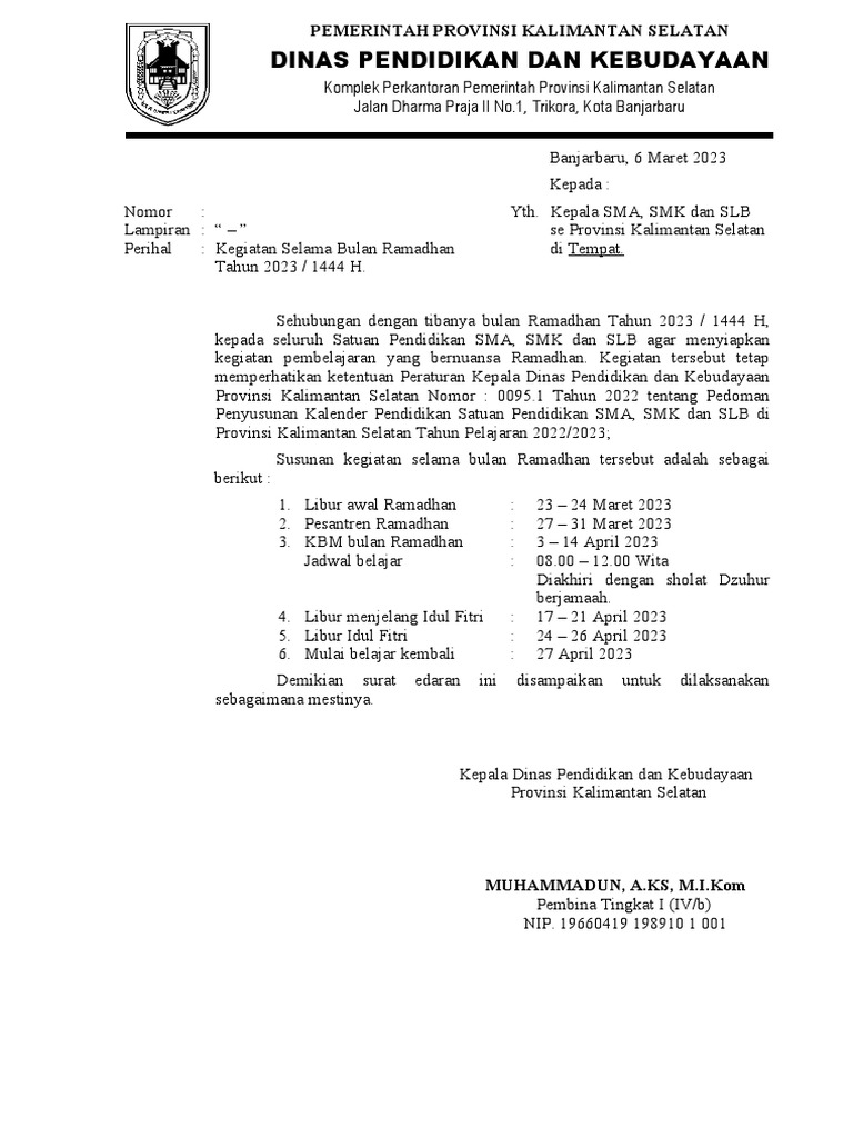 Surat Edaran Kegiatan Selama Ramadhan 1444 H - TTD Kadis | PDF