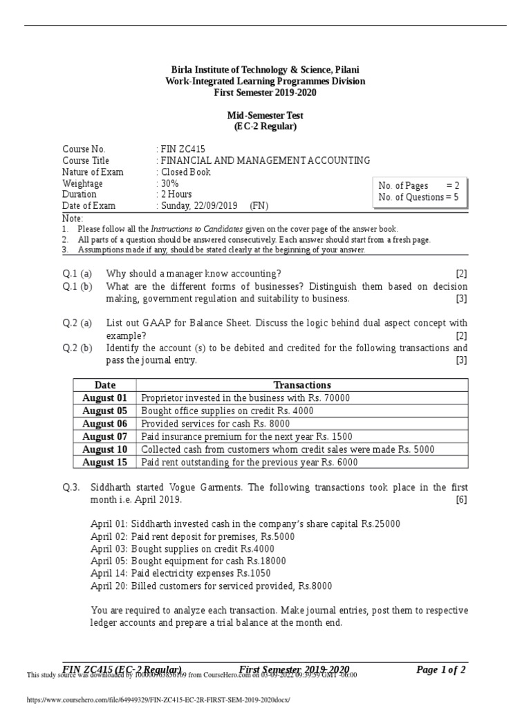BITS MBA FMA Paper-1 | PDF | Debits And Credits | Financial Accounting