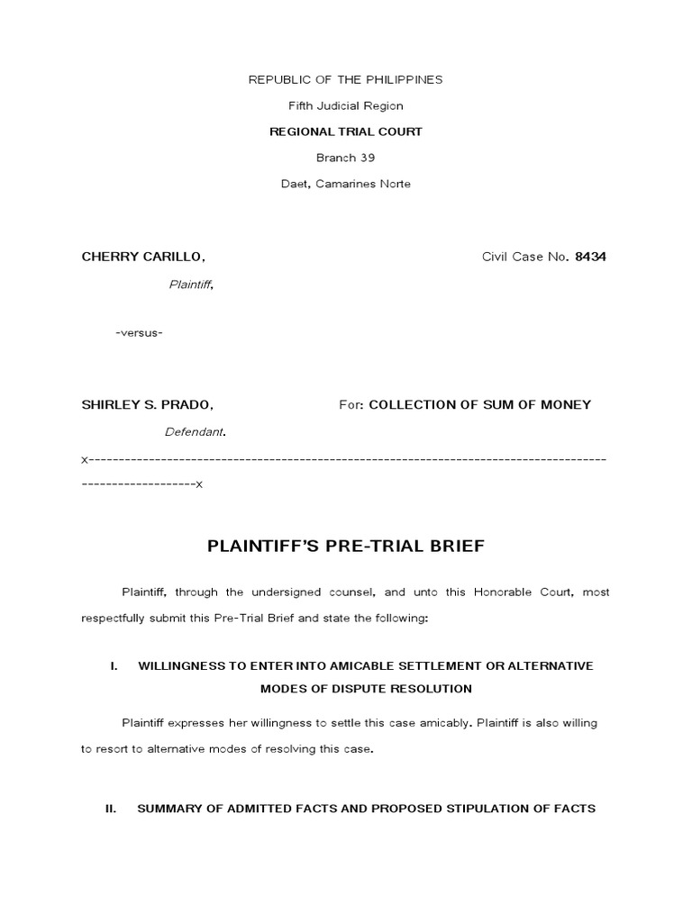 Pre Trial Brief | PDF | Lawsuit | Legal Procedure