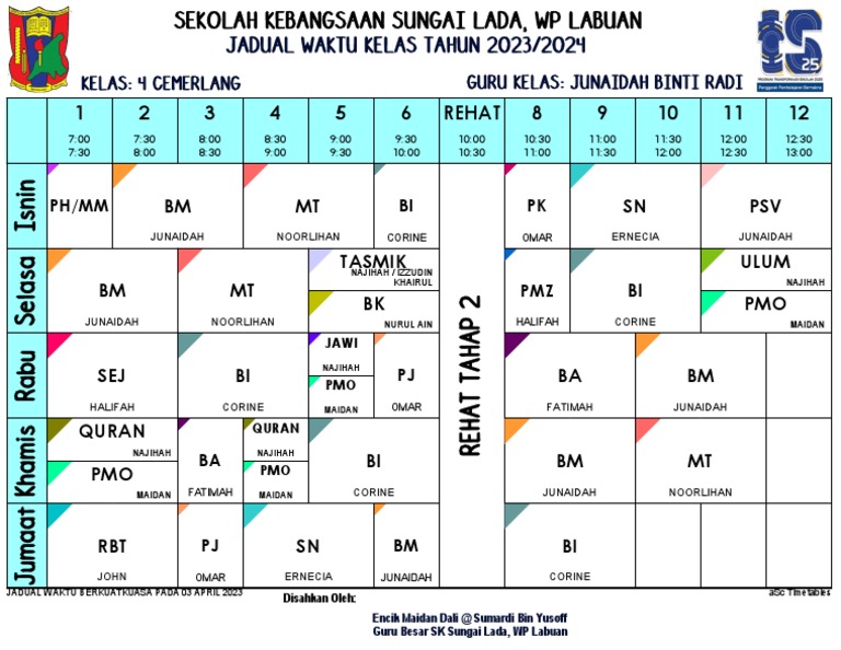 1 2 3 4 5 6 Rehat 8 9 10 11 12: Jadual Waktu Kelas Tahun 2023/2024 | PDF
