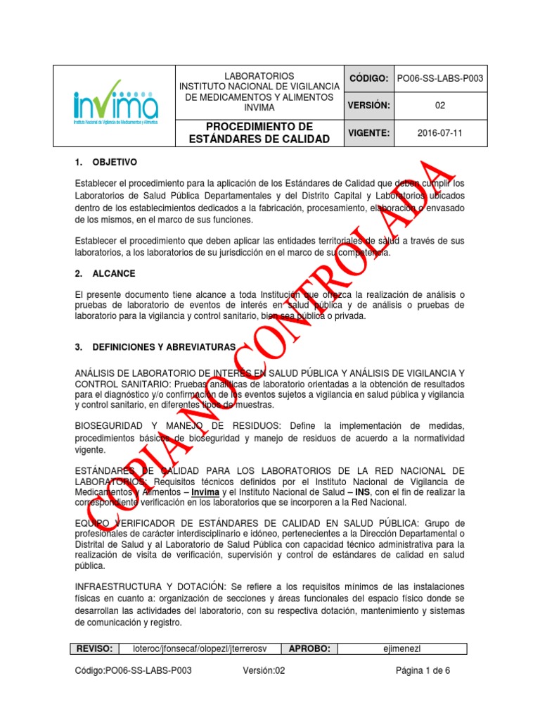 2016-07-27-PO06-SS-LABS-P003-V2 Procedimiento Estandares de Caldiad ...
