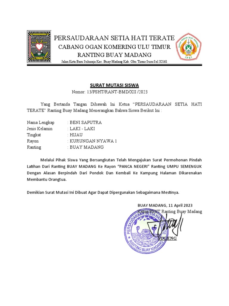 SURAT MUTASI SISWA PSHT | PDF