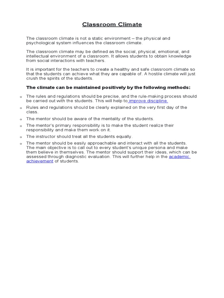 Classroom Climate: The Climate Can Be Maintained Positively by The ...