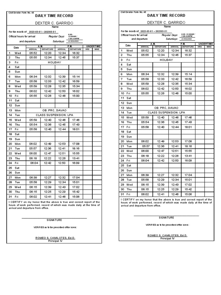 CSC Form48 DTR Template | PDF