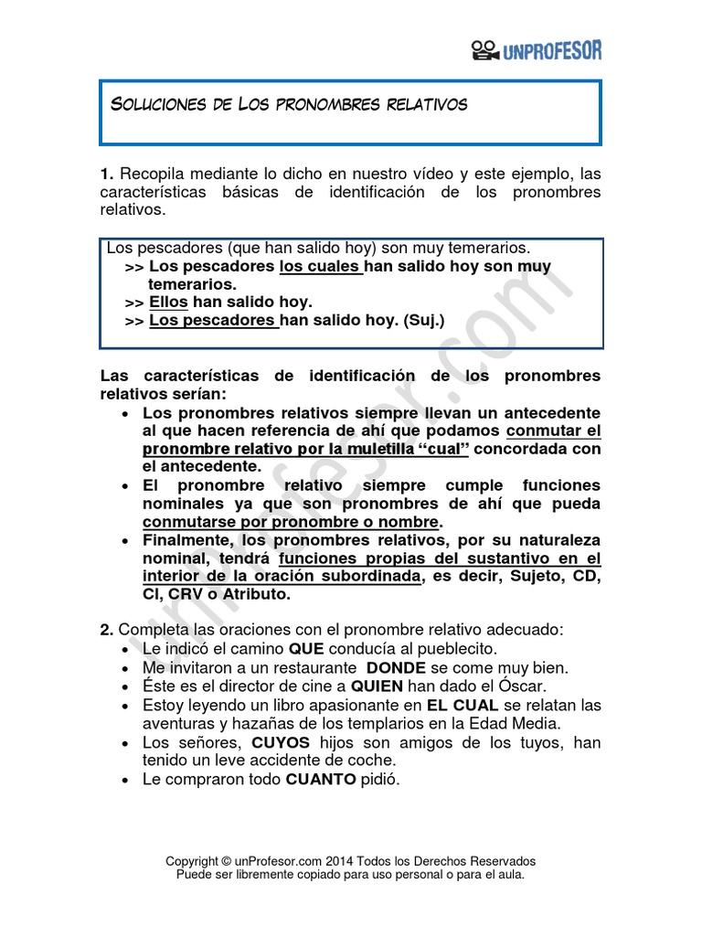 Solucion Los Pronombres Relativos 1171 | PDF | Asunto (gramática ...