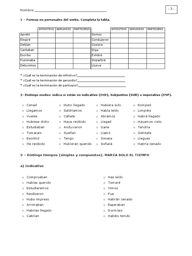 1 - Formas No Personales Del Verbo. Completa La Tabla.: Infinitivo ...