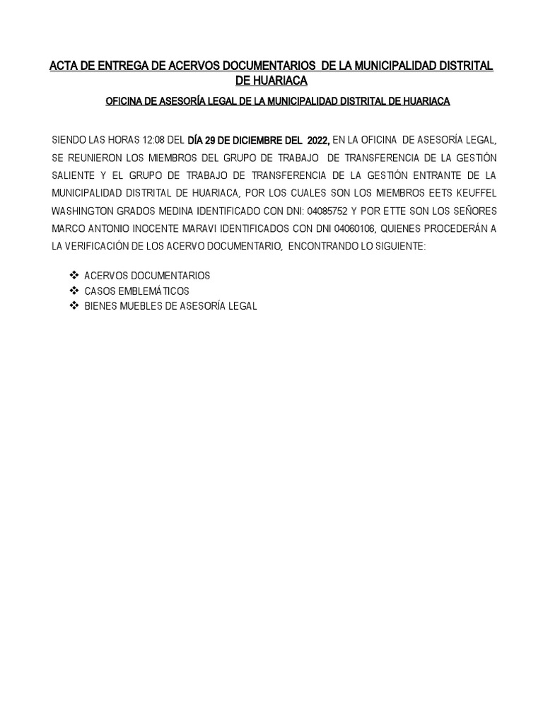 Acta de Entrega de Acervos Documentarios de La Municipalidad Distrital ...