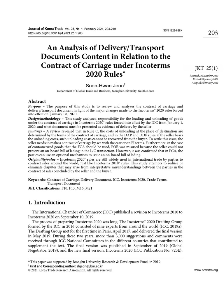 An Analysis of Delivery:Transport Documents Content in Relation To The Contract of Carriage ...