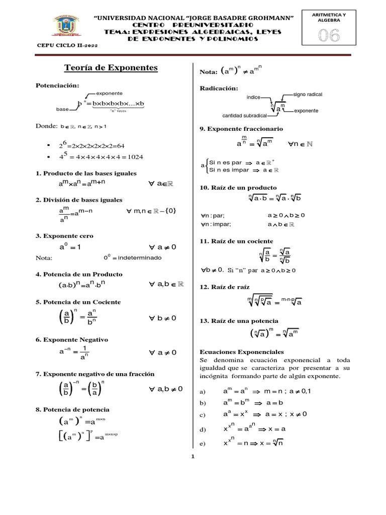 Teoría de Exponentes: B B×b×b×b×... ×B | PDF | Exponenciación ...