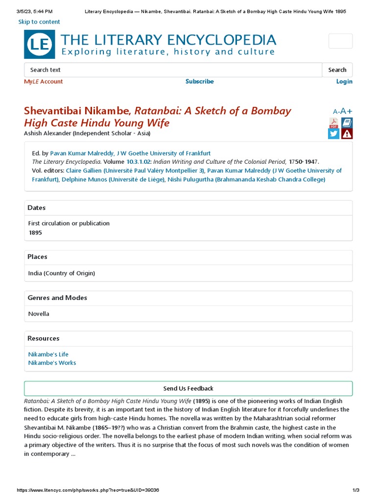 Literary Encyclopedia - Nikambe, Shevantibai. Ratanbai - A Sketch of A ...