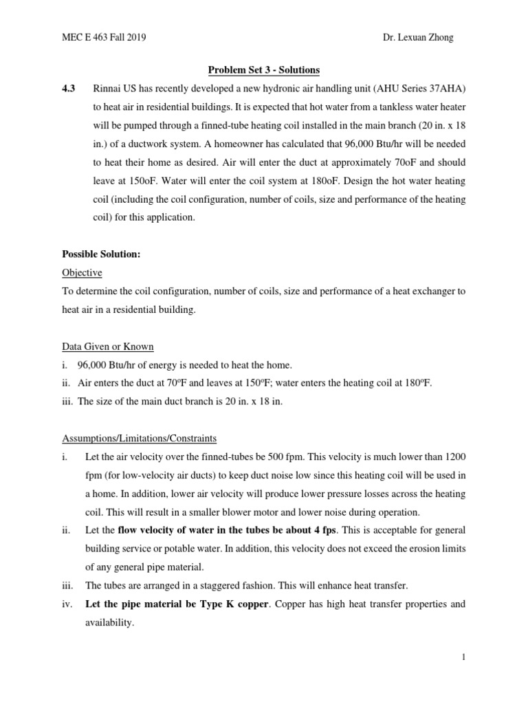 Solutions Problem Set 3 PDF | PDF | Heat Exchanger | Water Heating