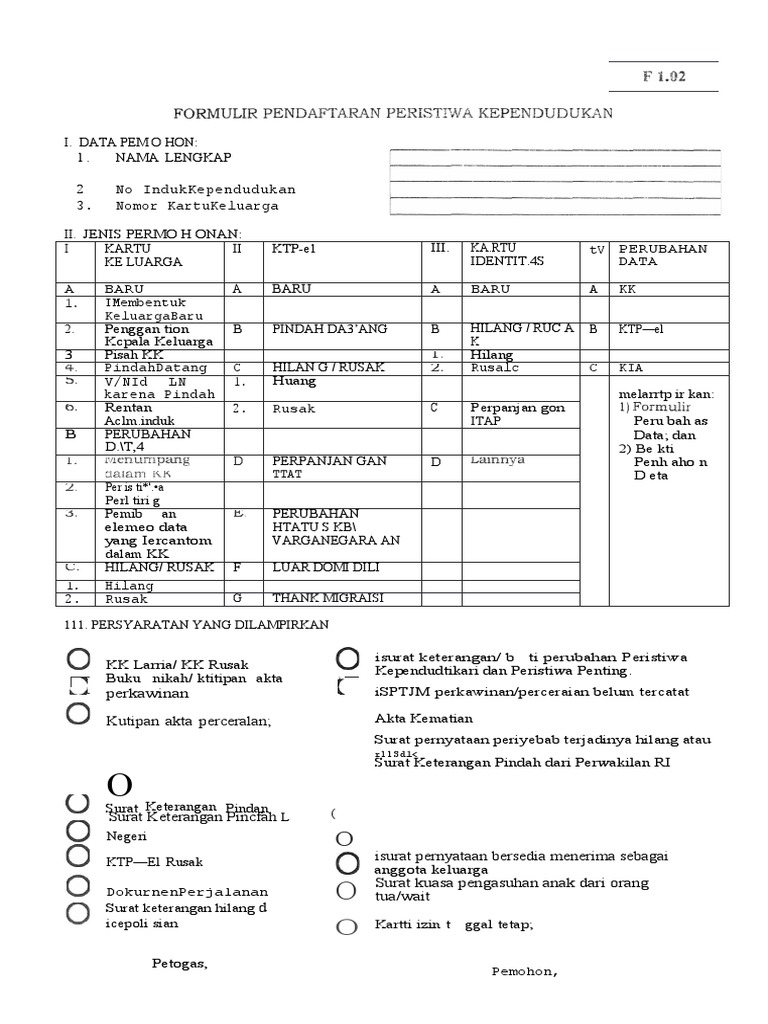 Formulir Pendaftaran Peristiwa Kependudukan (F.-1.02) - Formulir F1.02 | PDF