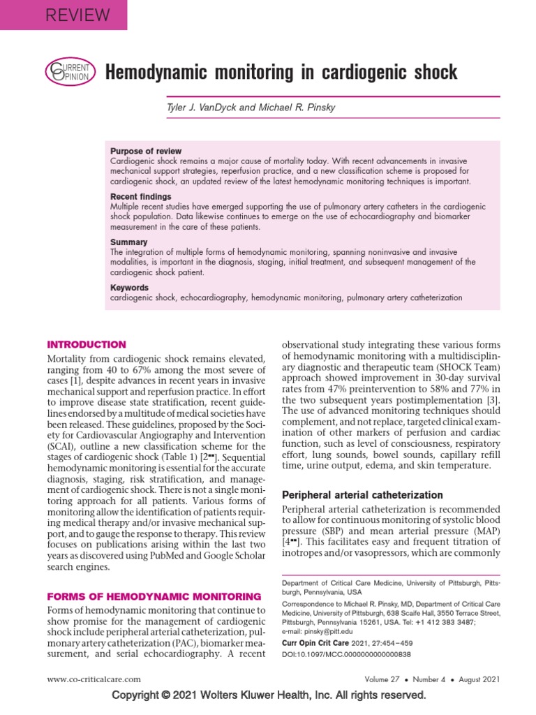 Hemodynamic Monitoring in Cardiogenic Shock: Review | PDF | Shock ...