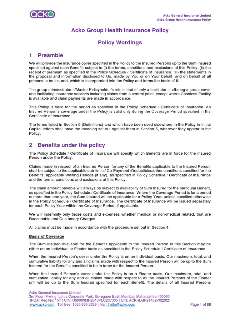 Acko Group Health Insurance Policy Details | PDF | Insurance | Deductible