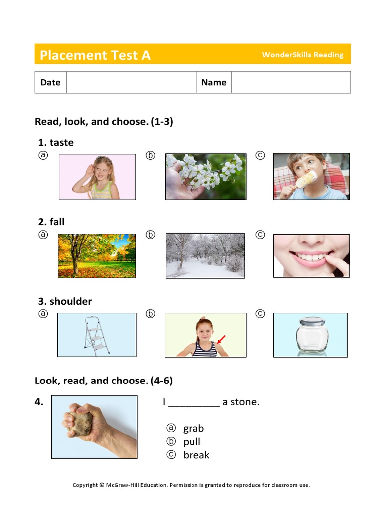 Placement Test A: Read, Look, and Choose. (1-3) 1. Taste | PDF