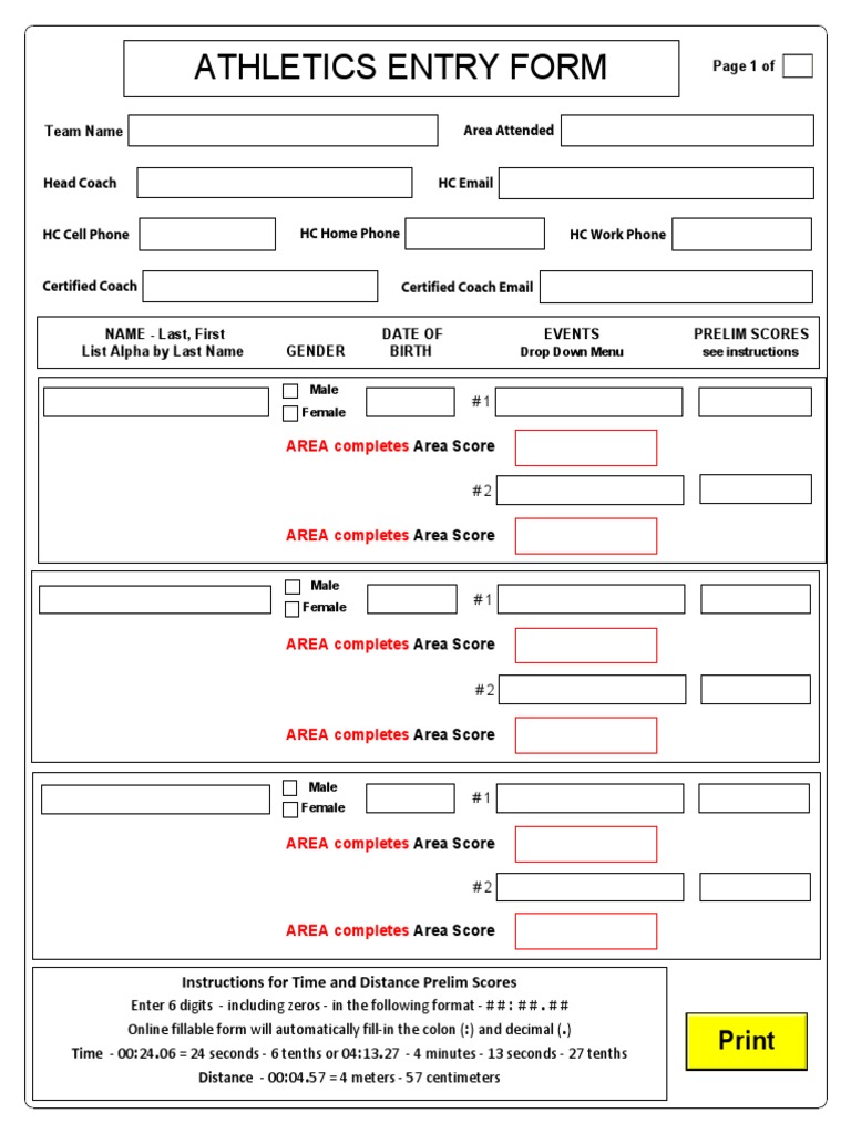 Athletics Entry Form: Print | PDF | Computing