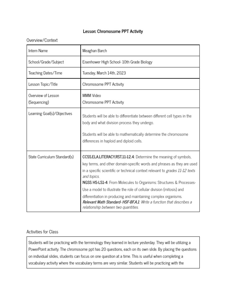 Lesson Plan Chromosome PPT Activity | PDF | Ploidy | Chromosome