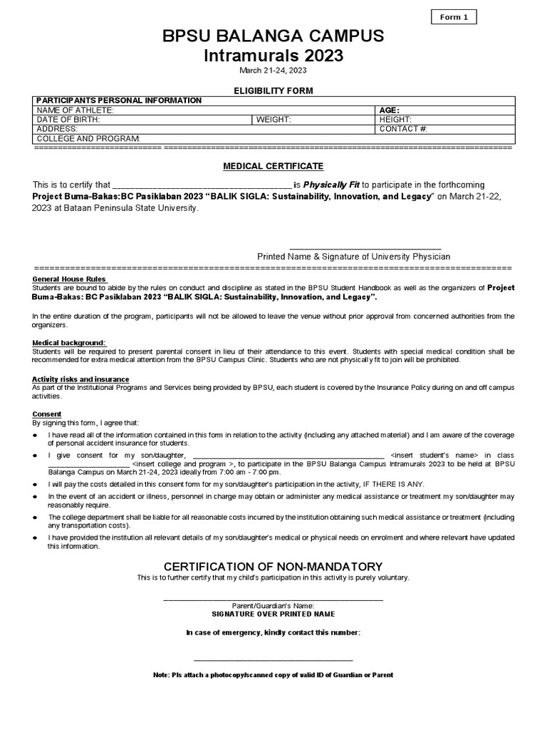 Consent Form Intramurals 2023 1 | PDF | Informed Consent | Insurance